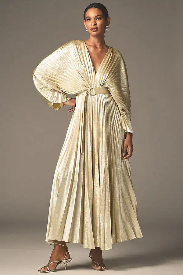 Acler Westover Long-Sleeve V-Neck Belted Pleated Maxi Dress - Gold |  Editorialist