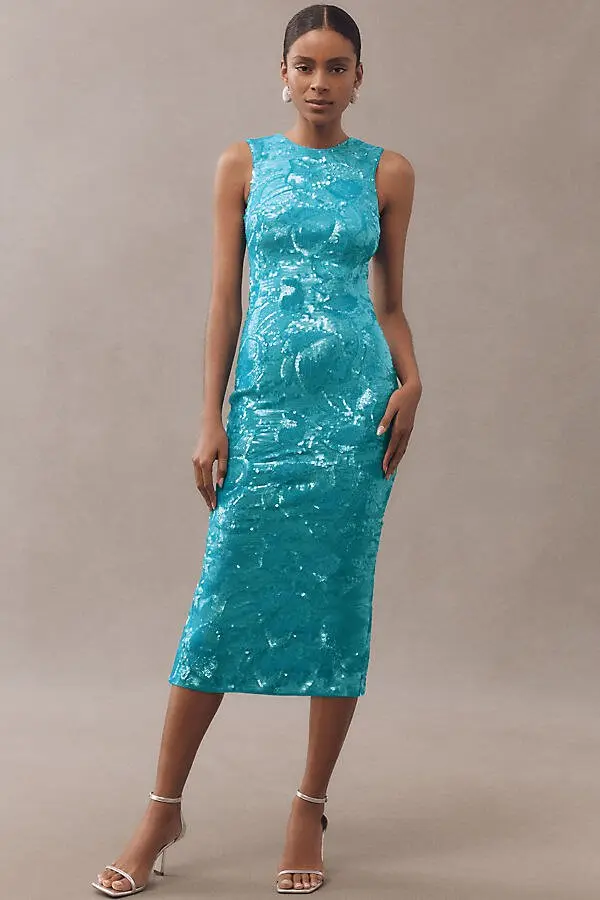 HELSI Alex Sleeveless High-neck Floral Sequin Midi Dress - Turquoise