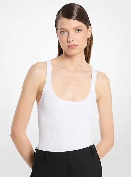 Michael Kors Ribbed Stretch Viscose Tank Top Bodysuit - White