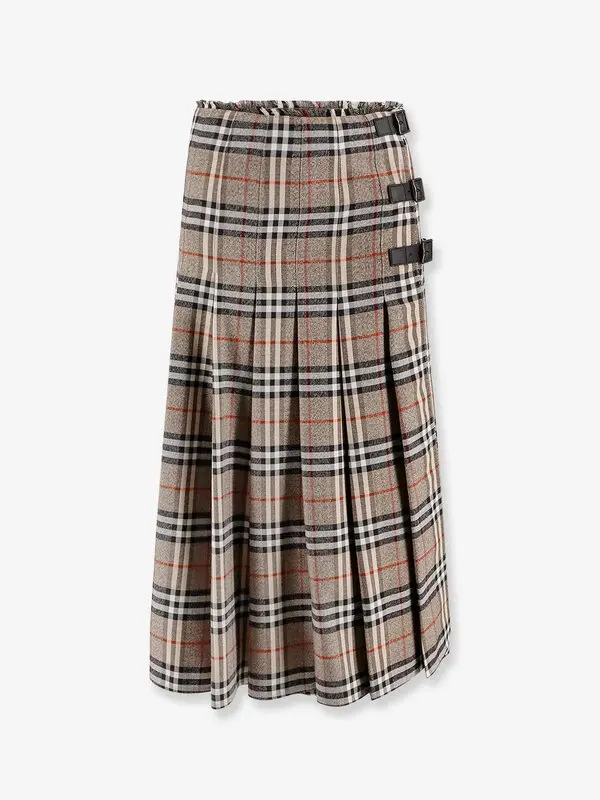 Burberry Check Print Wool Long Skirt - Beige