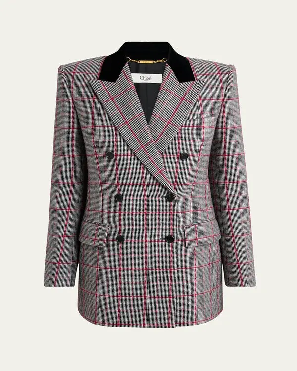 Chloé Check Wool Velvet-trim Double-breasted Jacket - Black - White 1