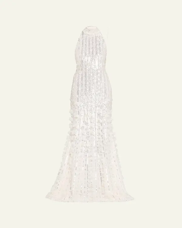 Pamella Roland Sequined Tulle Petal Halter Gown