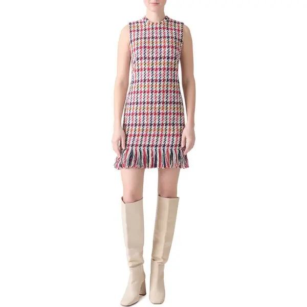 Akris Check Tweed Fringed Sheath Dress