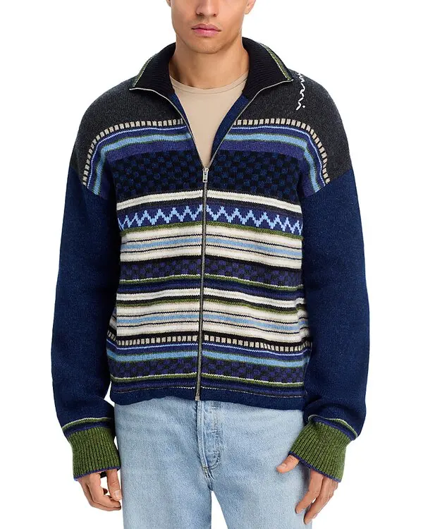 Marni Jacquard Regular Fit Wool Cardigan - Glass Blue