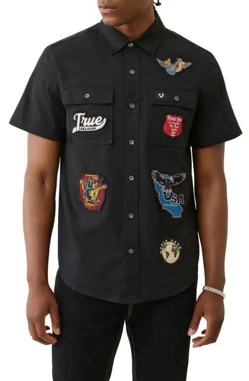 True Religion Logo Patch Short Sleeve Cotton Button-up Work Shirt