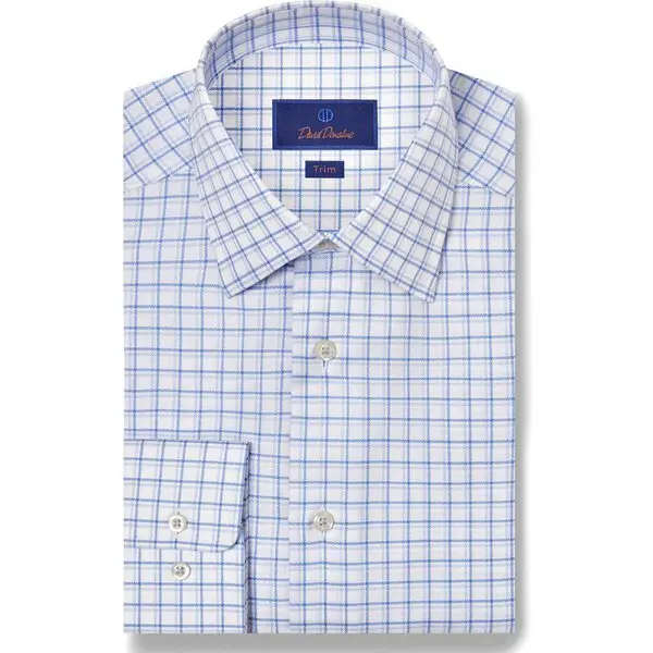 David Donahue Trim Fit Check Cotton Dobby Dress Shirrt - White/ Blue