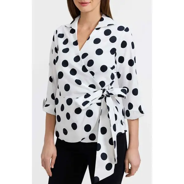 Foxcroft Salina Polka Dot Cotton Wrap Shirt - White/black