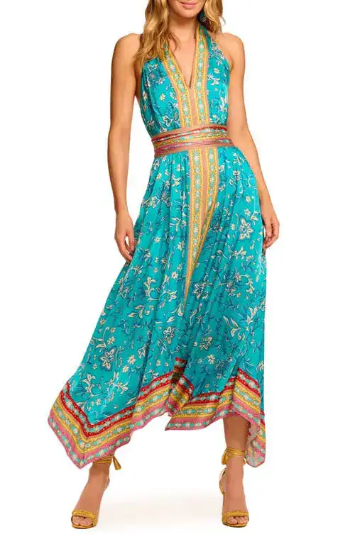 Ramy Brook Georgina Print Halter Neck Handkerchief Hem Dress In Beach Blue  Jungle - 33% Off | Editorialist