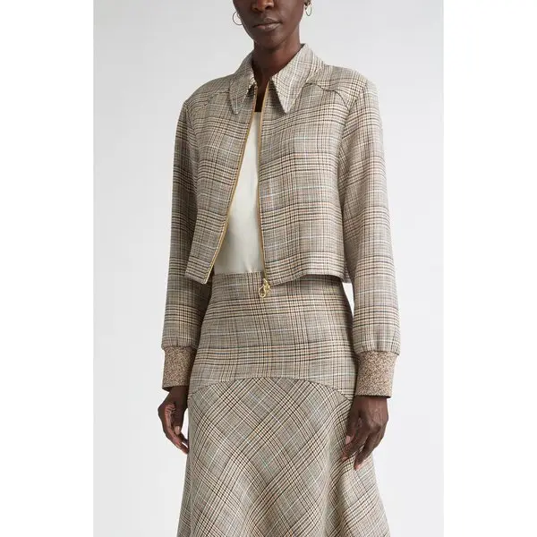 St. John Prince Of Wales Plaid Crop Jacket - Camel/ Ecru/ Mouline