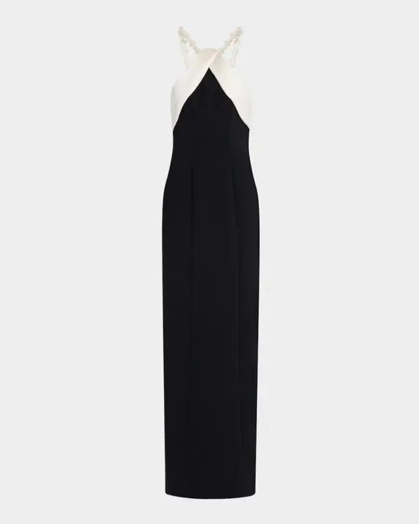 Pamella Roland Satin Beaded Halter Crepe Column Gown