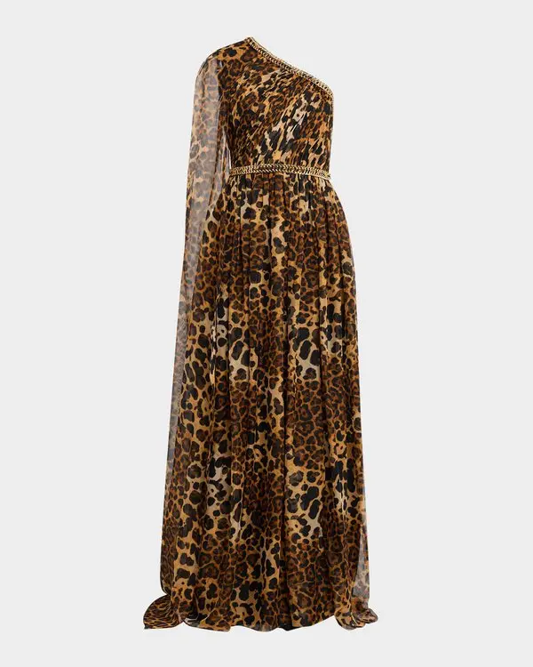 Pamella Roland Leopard Chiffon One-shoulder Gown
