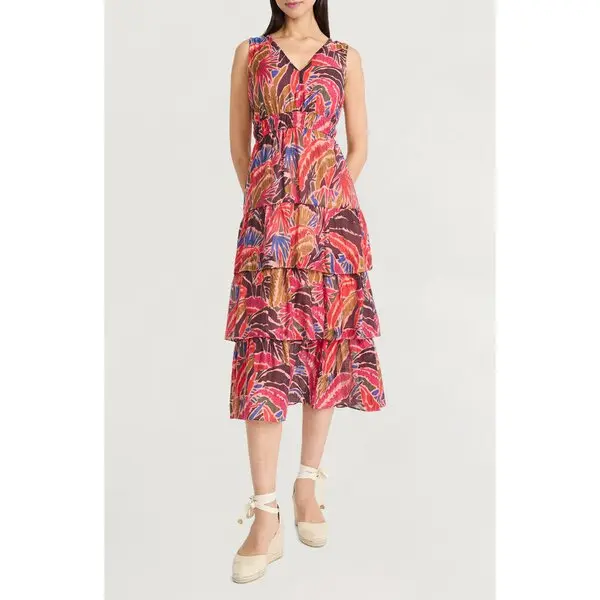 THE GOOD JOURNEY Ruffle Skirt Sleeveless Midi Dress - Orange/blue/magenta