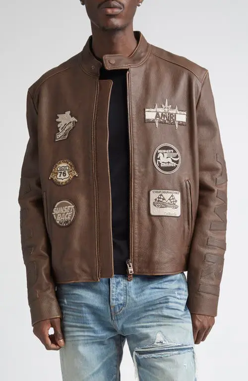 Amiri Patch Racer Leather Jacket - Walnut Brown