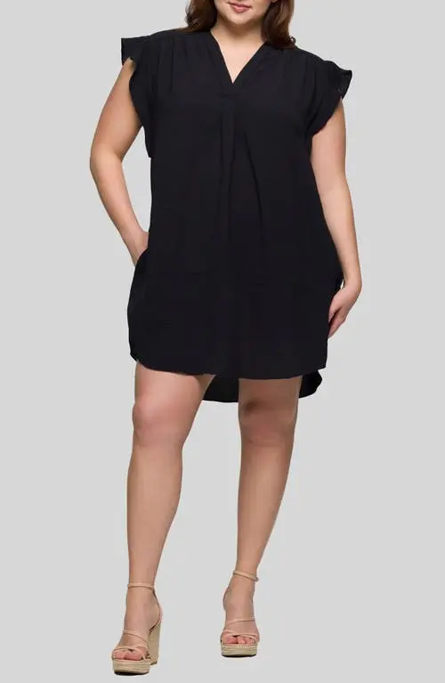 24SEVEN COMFORT APPAREL Flutter Cap Sleeve Shift Dress - Black