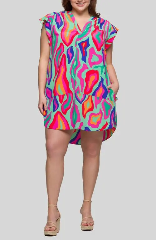 24SEVEN COMFORT APPAREL Printed Flutter Cap Sleeve Shift Dress