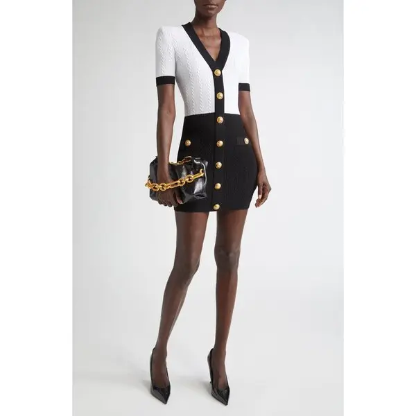 Balmain Colorblock Twisted Cable Knit Sweater Dress - Eab Blk/ White
