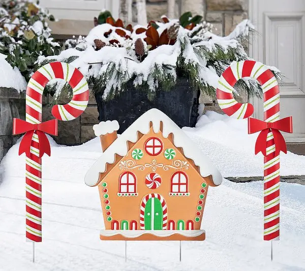 GLITZHOME Christmas Gingerbread & Candy Cane Ga Rden Stakes S/3
