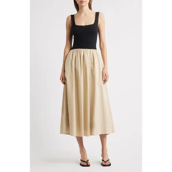 Moon River Square Neck Mixed Media Midi Dress