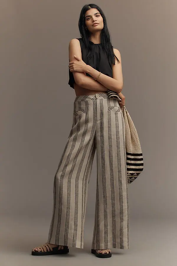 MARE MARE Linen Striped Wide-leg Pants - Black & White Stripe