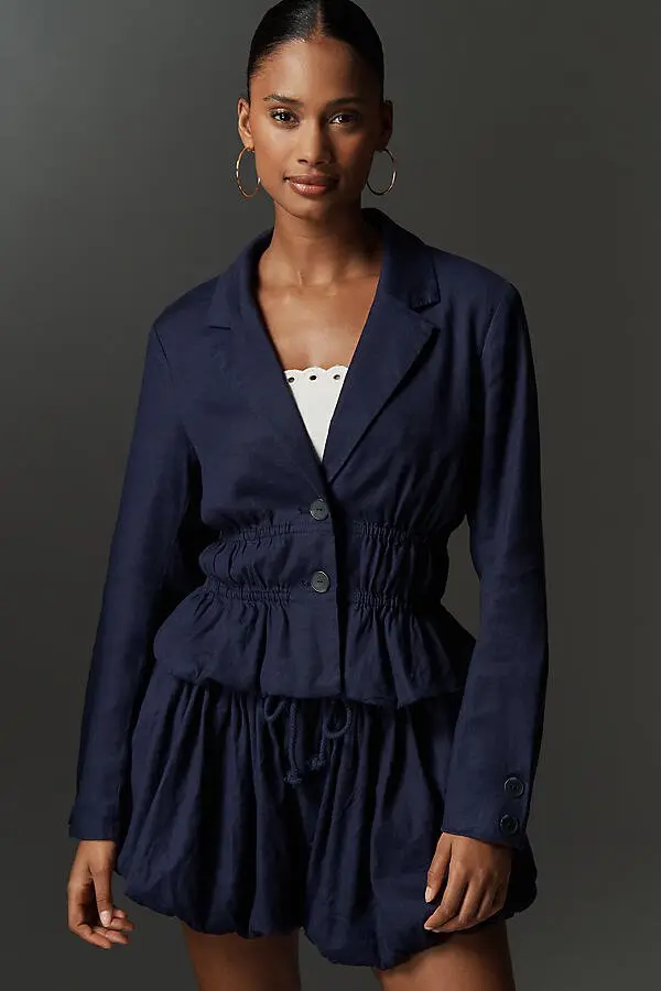 Maeve Linen Blend Ruched Blazer Jacket