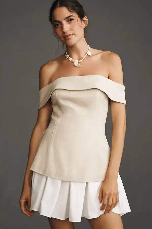 Maude Club Grace Off-The-Shoulder Twofer Mini Dress In Beige - 33% Off |  Editorialist