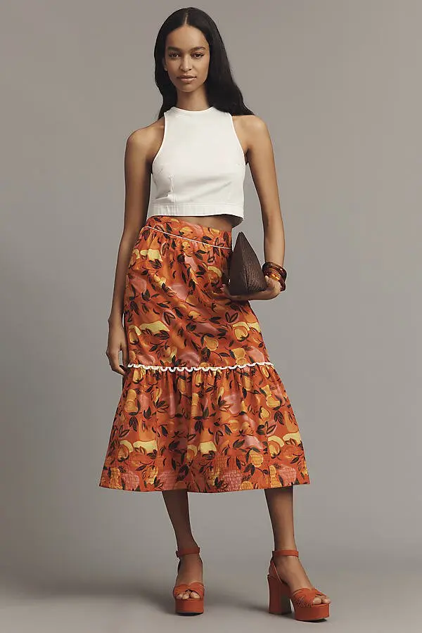 Farm Rio Printed Tiered Midi Skirt