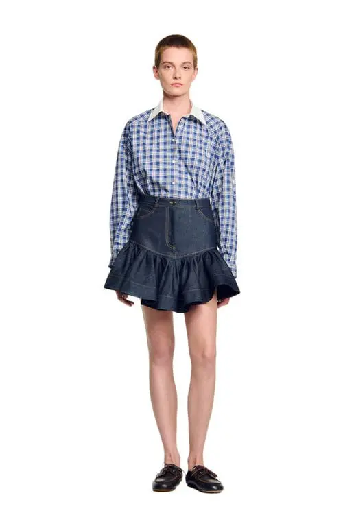 Sandro Denim Ruffle Mini Skirt - Deep Blue