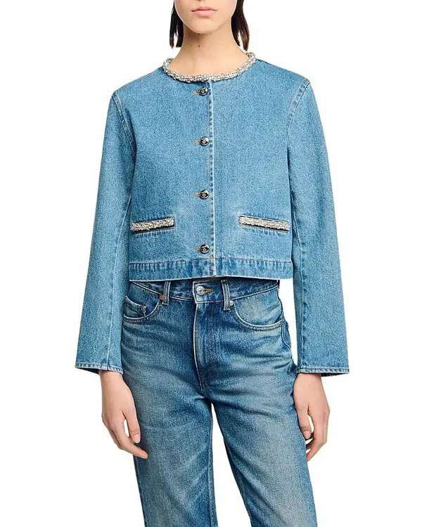 Sandro Rhinestone Denim Jacket - Blue Jean