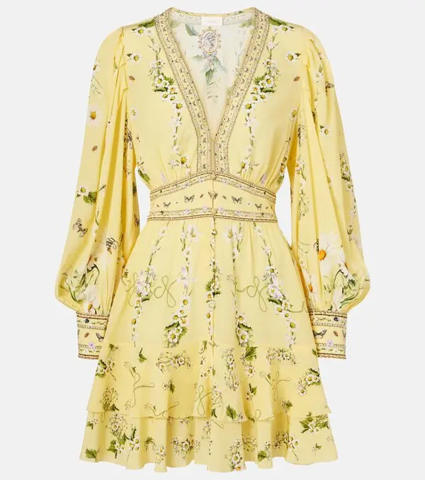 Camilla Floral Silk Crêpe Minidress - Yellow