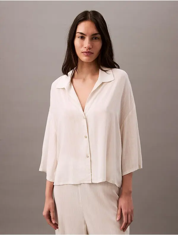Calvin Klein Woven Viscose Button-down Short Sleeve Shirt - Pelican Stripe