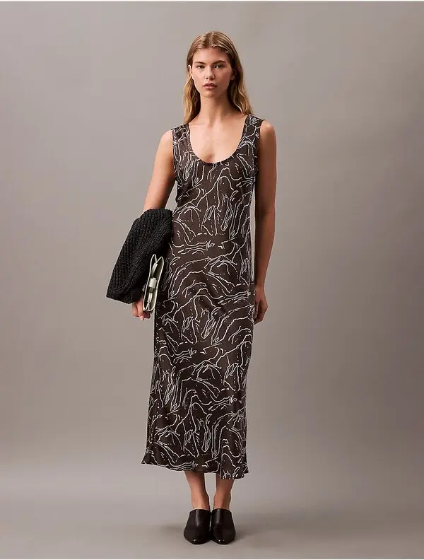 Calvin Klein Crushed Satin Print Midi Dress - Juniper Mist