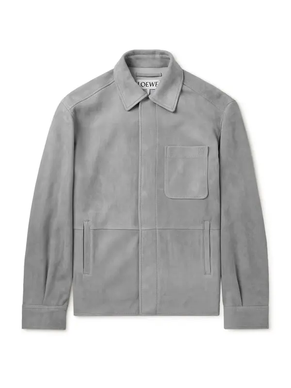 Loewe Oversized Logo-debossed Suede Overshirt - Gray