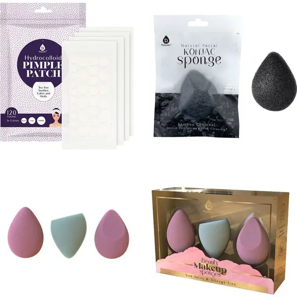 PURSONIC Beauty Essentials Bundle3-pack Multi-shape Makeup Sponges + Natural Charcoal Konjac Sponge + 120-count Hydrocolloid Pimple Patch Set