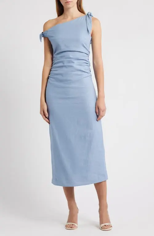 WAYF Clio Tie Shoulder Linen Blend Midi Dress - Chambray Blue
