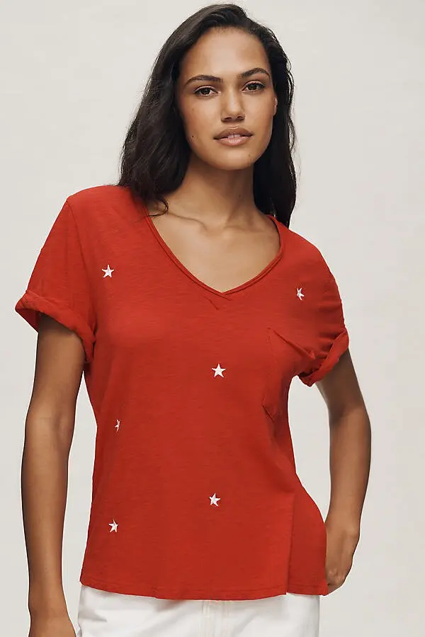 PILCRO The Quinn V-neck T-shirt - Red Pattern