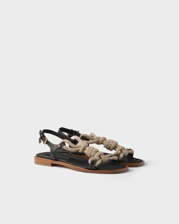 Prada Flat Leather And Cord Sandals - Black
