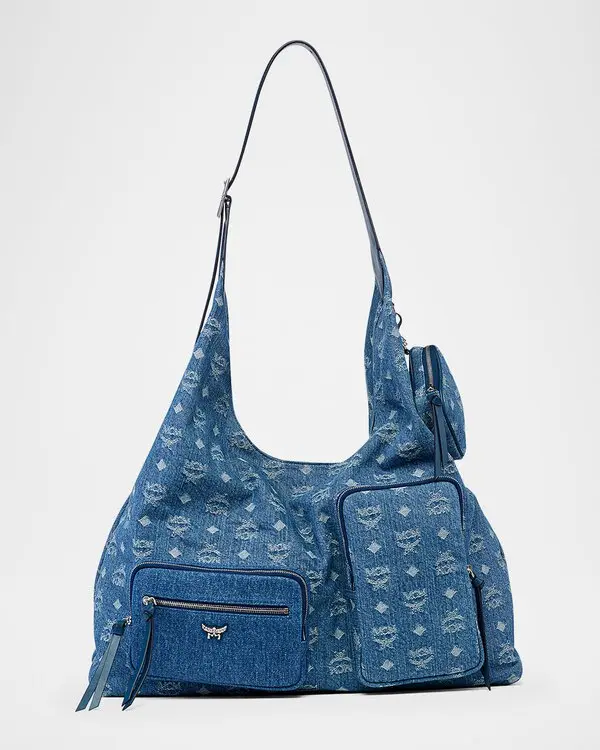 Mcm Aren Xl Visetos Denim Shopper Bag