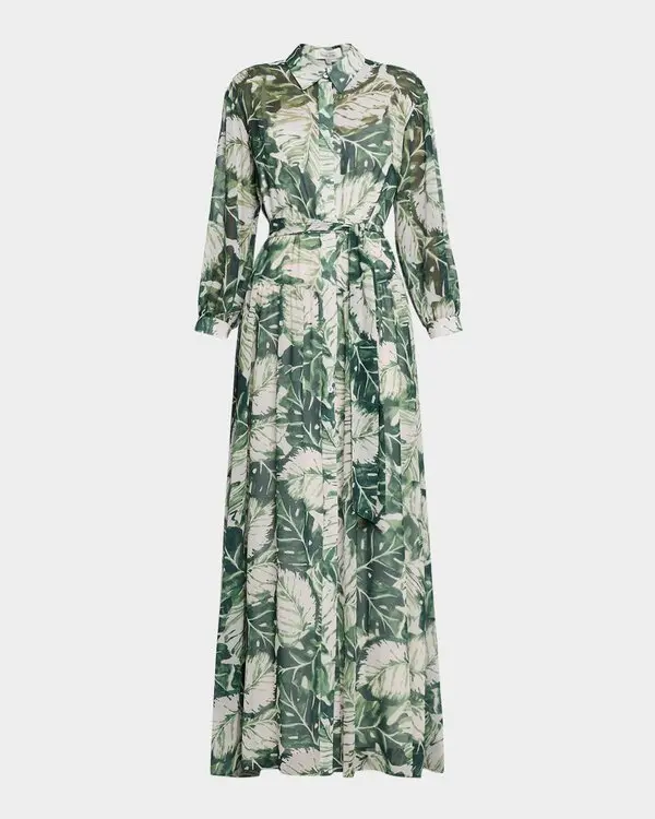 Rickie Freeman For Teri Jon Botanical-print Chiffon Shirt Gown - Green Mult