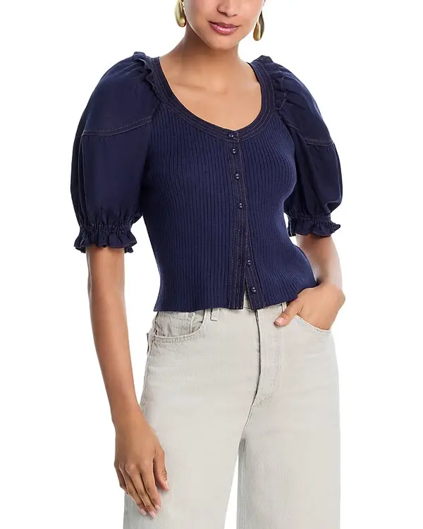 Aqua Mixed Media Puff Sleeve Top