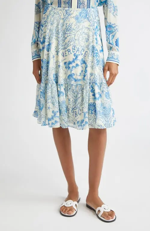 Versace Underwater Barocco Techno Crepon Skirt - Eggshell Bright Dv Blue