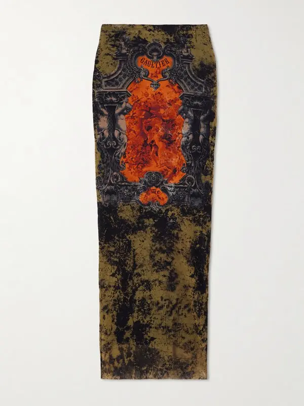 Jean Paul Gaultier Printed Mesh Midi Skirt - Orange