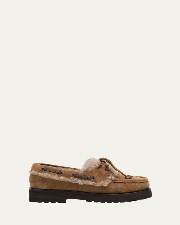 Brunello Cucinelli Shearling-lined Suede Boat Shoes - Sesame