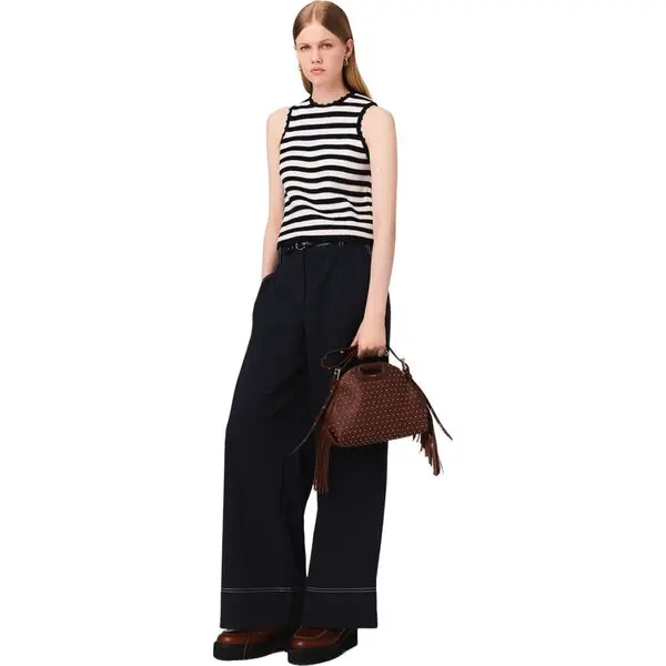 Maje Cotton Canvas Trousers With Leather Belt - Navy