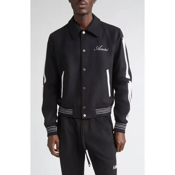 Amiri Bones Wool Blend Varsity Jacket - Black White
