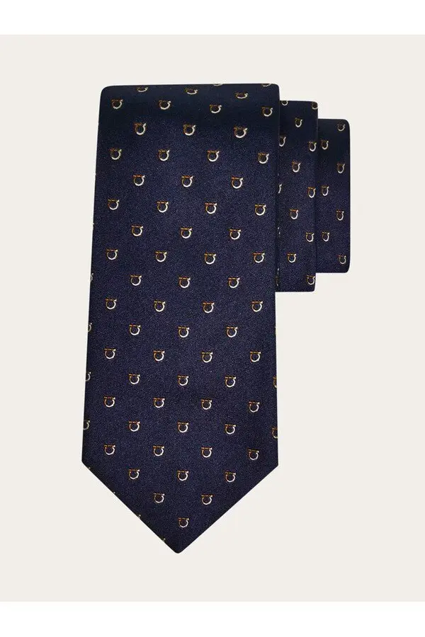 FERRAGAMO Gancini Jacquard Silk Tie - Navy