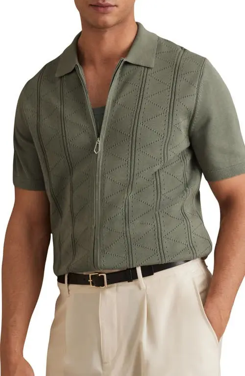 REISS Tay Pointelle Short Sleeve Zip-up Cardigan
