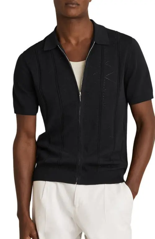 REISS Tay Pointelle Knit Short Sleeve Zip-up Shirt - Navy