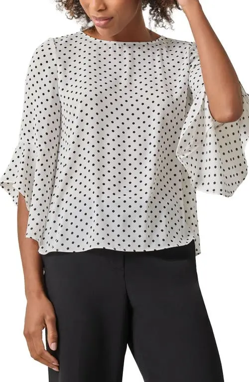 KASPER Polka Dot Ruffle Sleeve Crepe Top - White/ Black