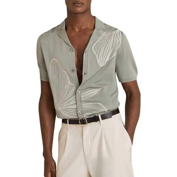 REISS Laurent Floral Knit Camp Shirt - Soft Sage