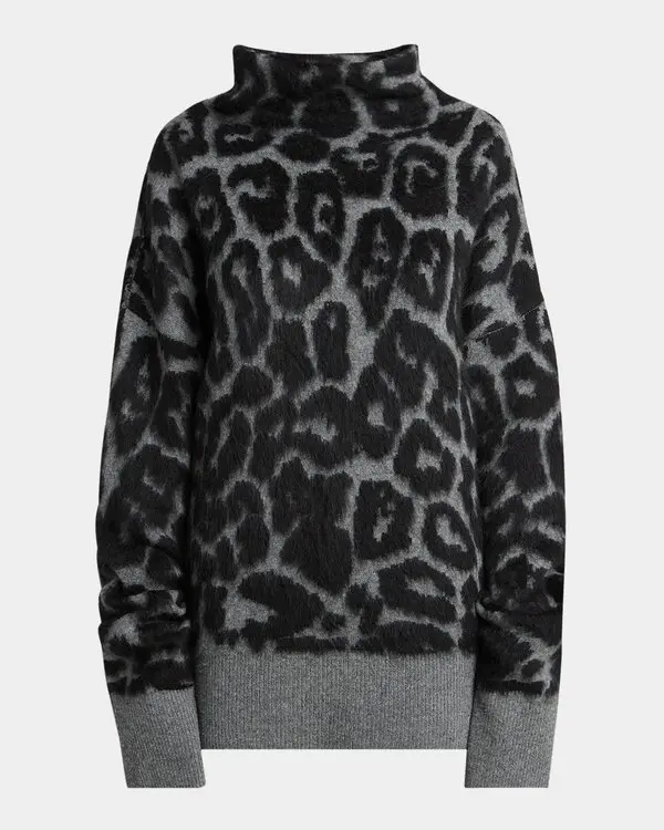 Stella McCartney Leopard Jacquard Oversized Wool Turtleneck - Blackgrey